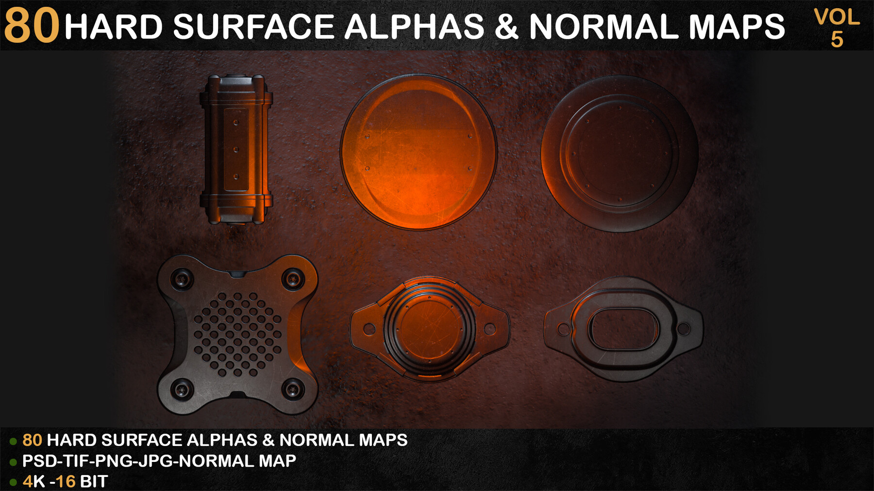 ArtStation - 80 HARD SURFACE ALPHAS & NORMAL MAPS-VOL 5 | Brushes