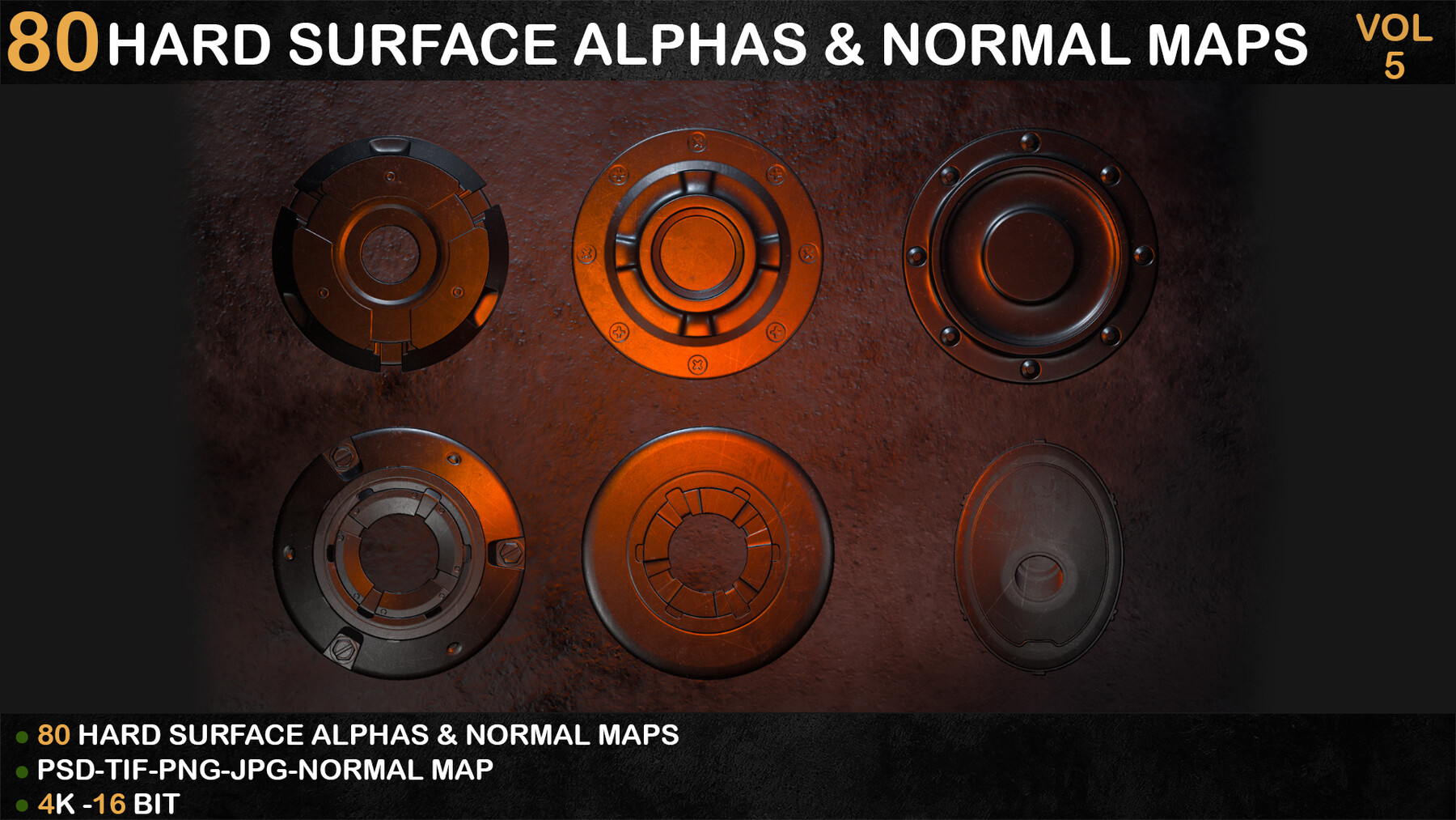ArtStation - 80 HARD SURFACE ALPHAS & NORMAL MAPS-VOL 5 | Brushes