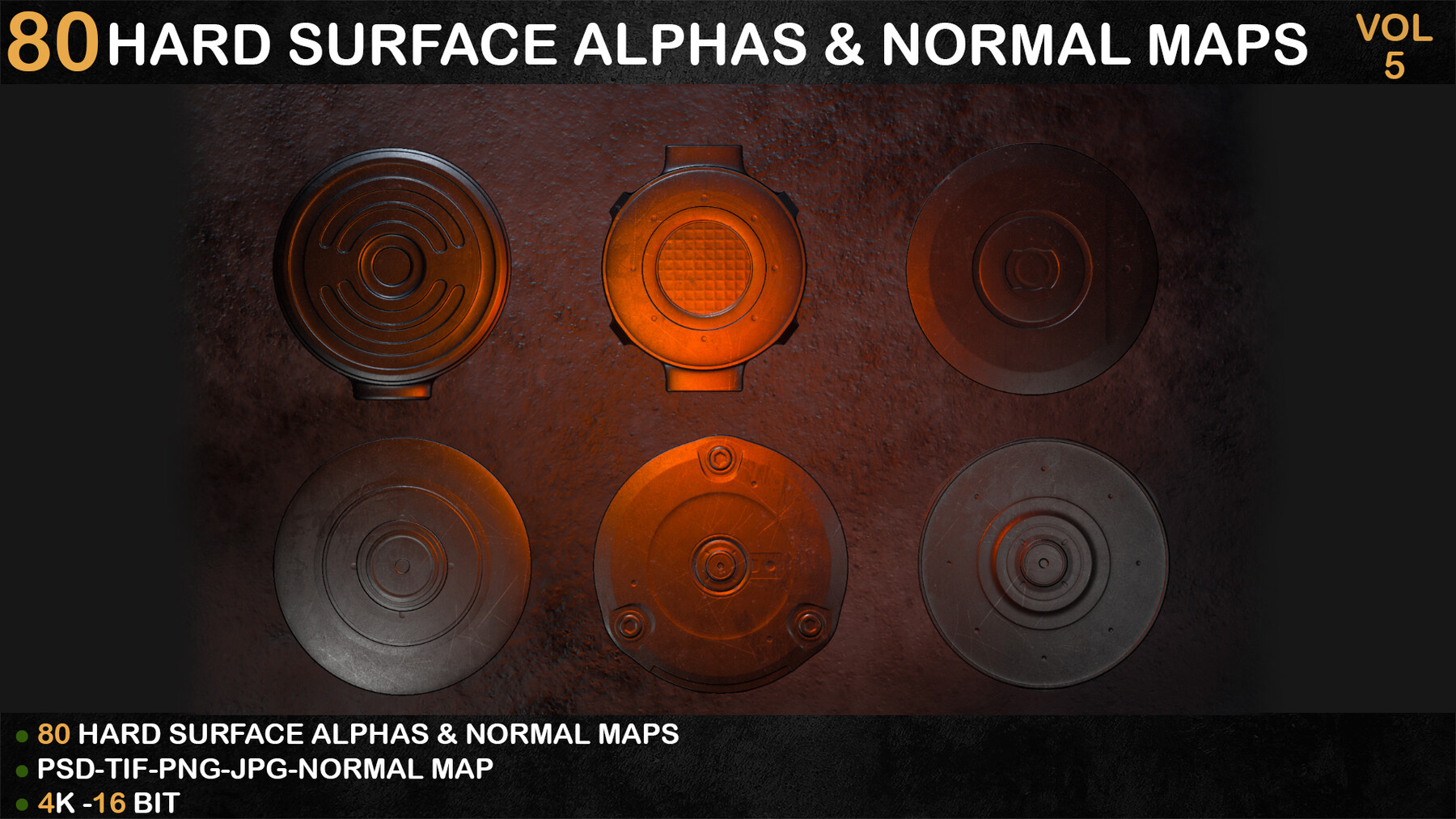 ArtStation - 80 HARD SURFACE ALPHAS & NORMAL MAPS-VOL 5 | Brushes