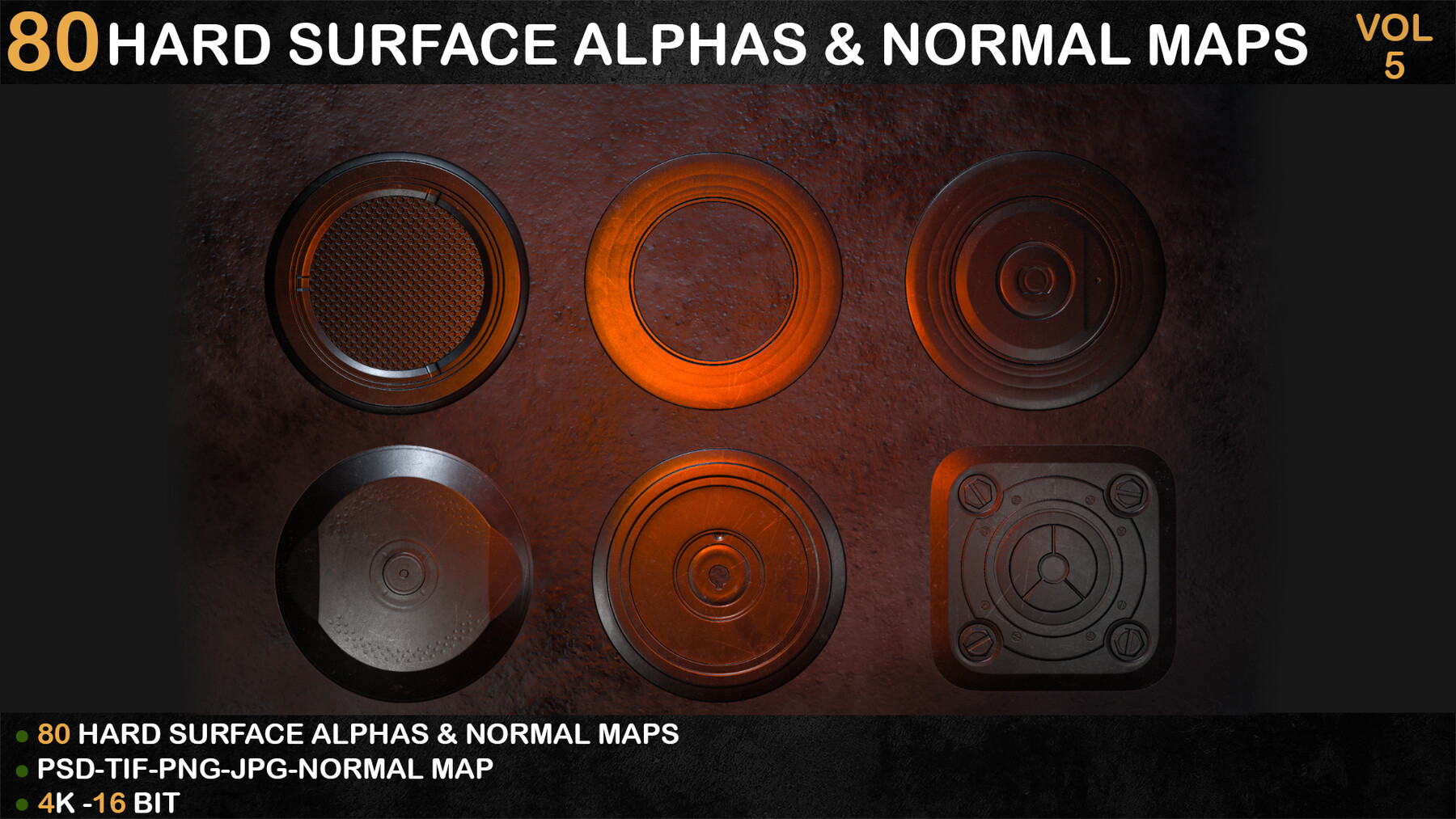 ArtStation - 80 HARD SURFACE ALPHAS & NORMAL MAPS-VOL 5 | Brushes