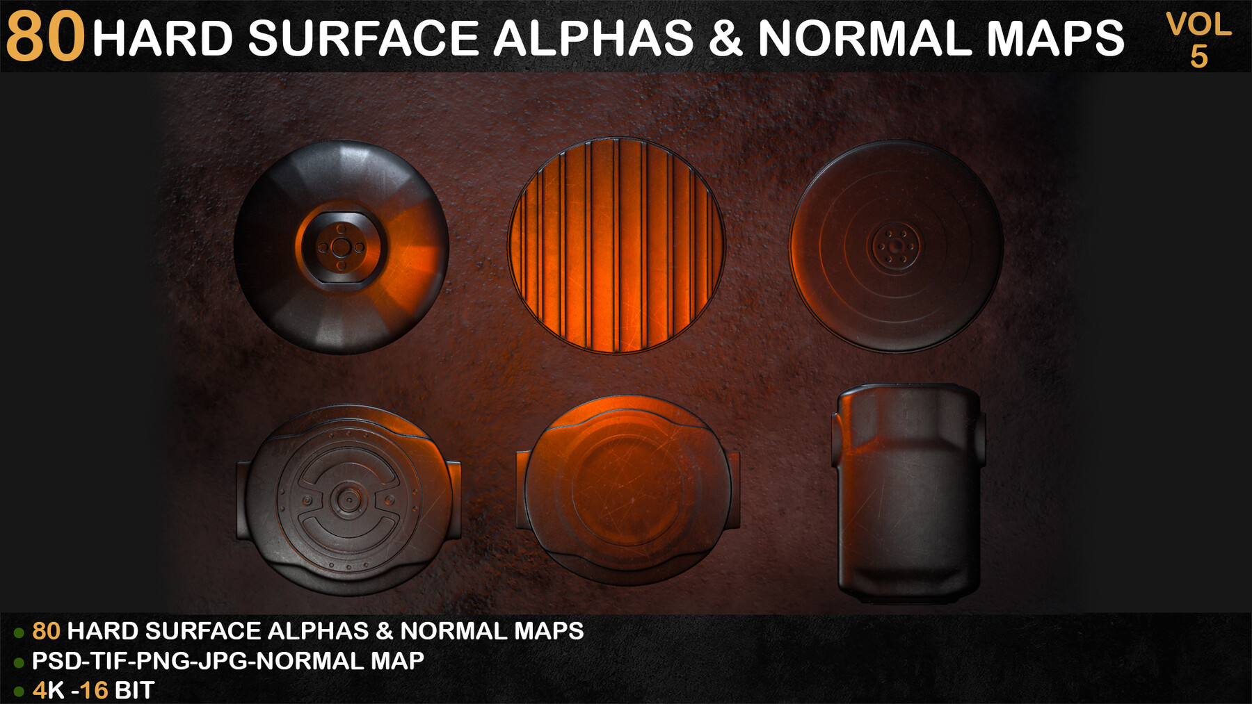 ArtStation - 80 HARD SURFACE ALPHAS & NORMAL MAPS-VOL 5 | Brushes