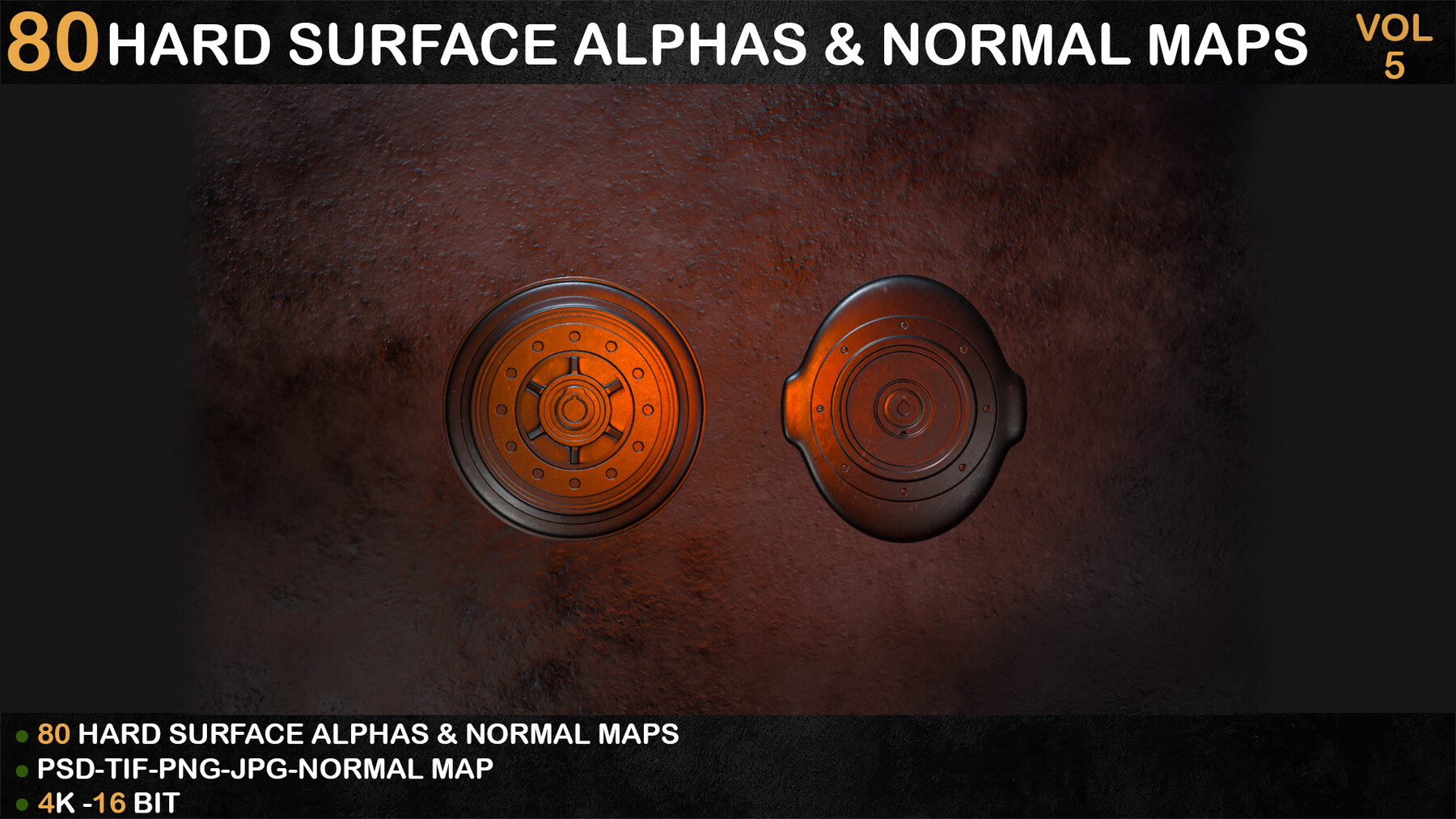ArtStation - 80 HARD SURFACE ALPHAS & NORMAL MAPS-VOL 5 | Brushes