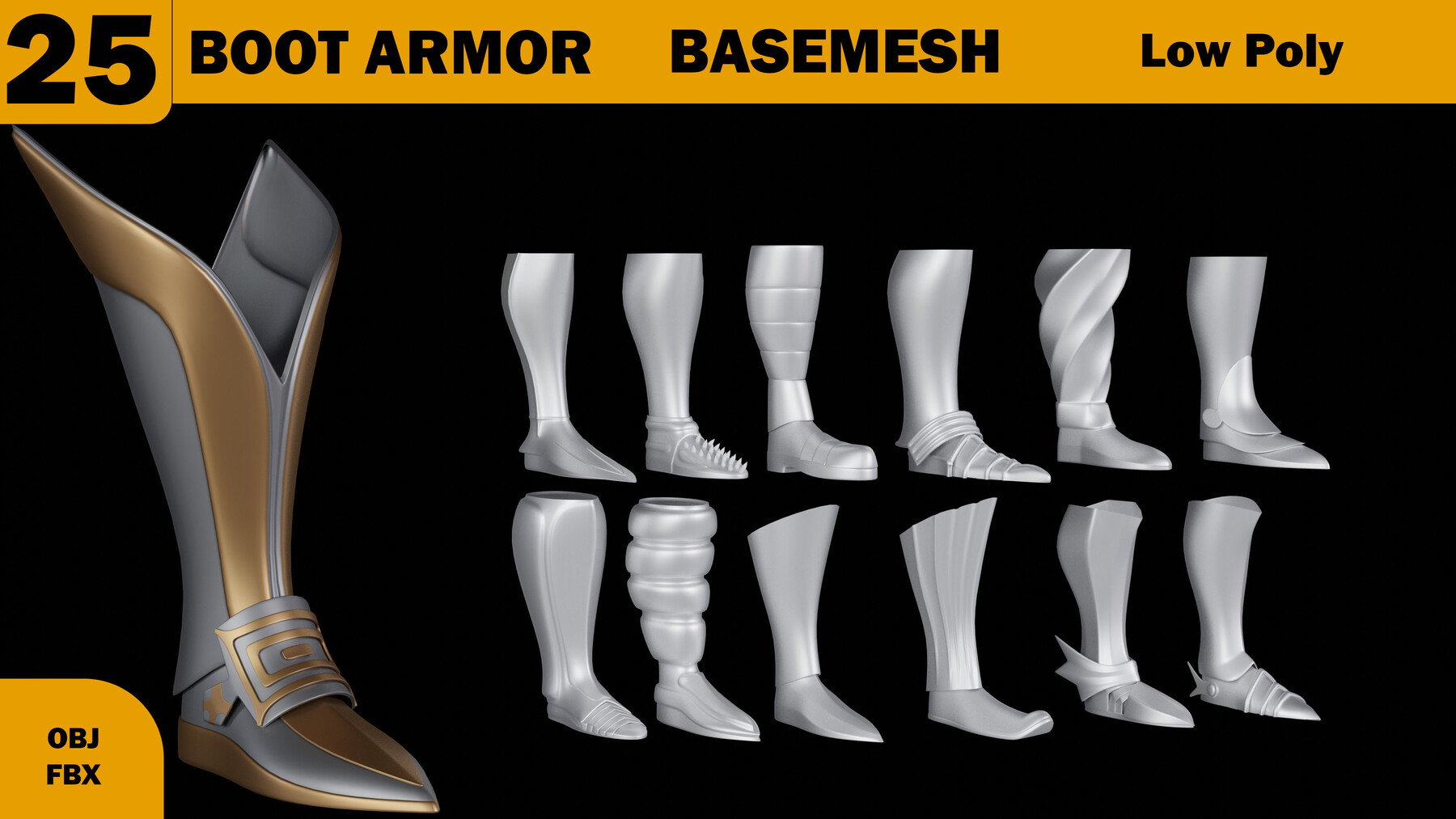 ArtStation - 25 BOOT ARMOR BASEMESH+UV -VOL1 | Game Assets