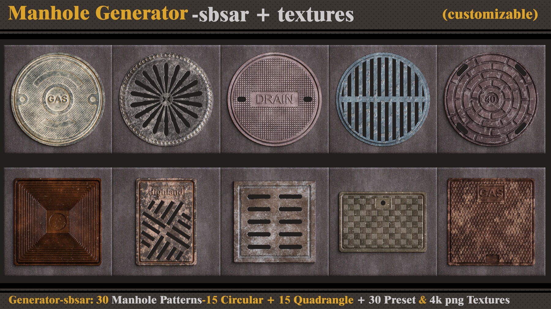 ArtStation - Manhole Generator - SBSAR + 30 Preset + Textures(1 FREE) | Game Assets
