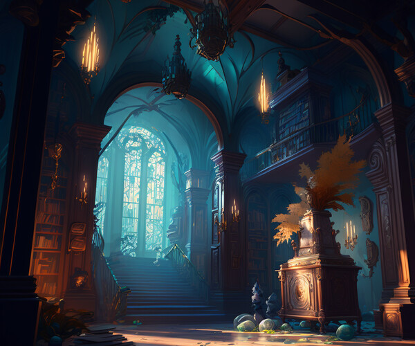 ArtStation - Castle Library: A Window to the World Amidst the Books 7 ...