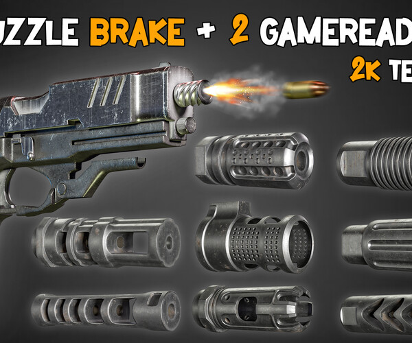 ArtStation - 50 Muzzle Brake + 2 Game Ready Gun + Textures | Game Assets