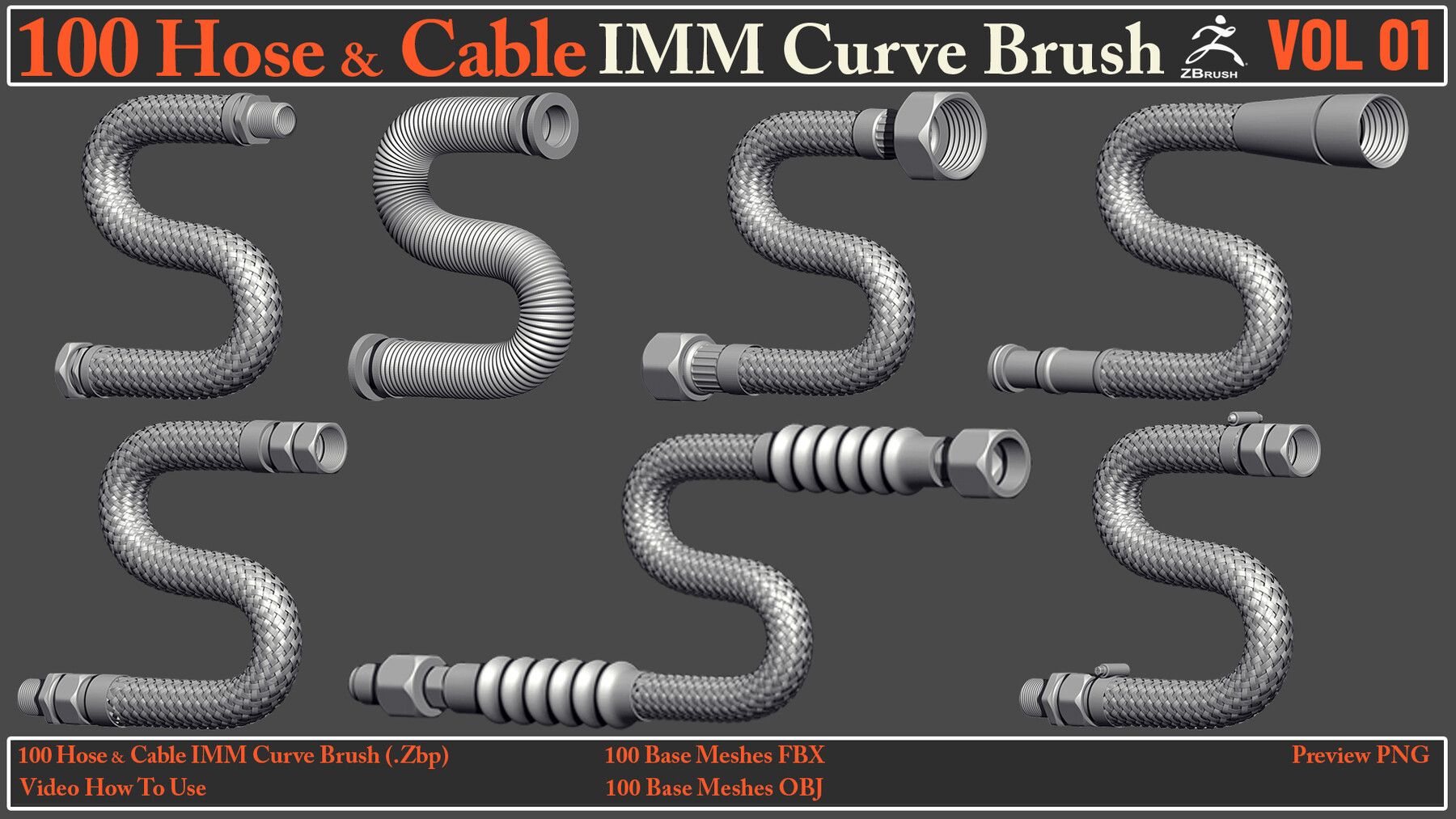 ArtStation - 100 Hose & Cable IMM Curve Brush VOL01 | Brushes