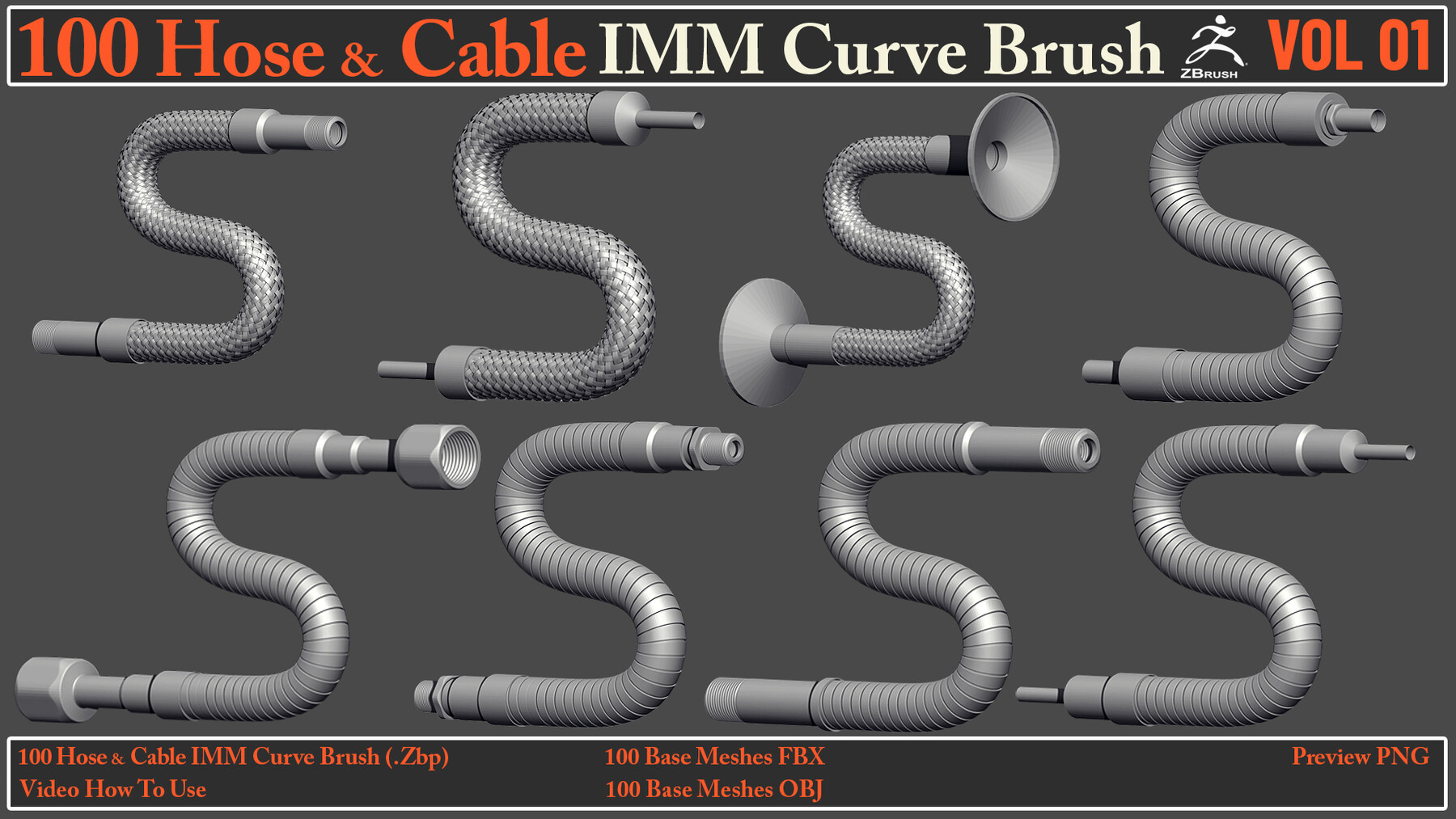 ArtStation - 100 Hose & Cable IMM Curve Brush VOL01 | Brushes