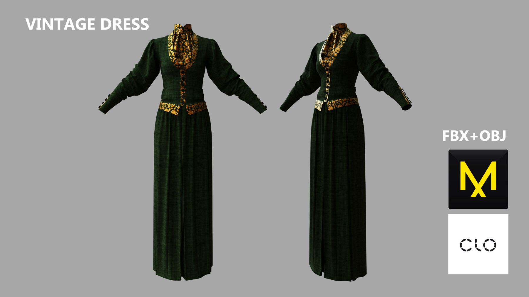 ArtStation - Vintage Dress Marvelous Designer/Clo3d project + OBJ + FBX ...