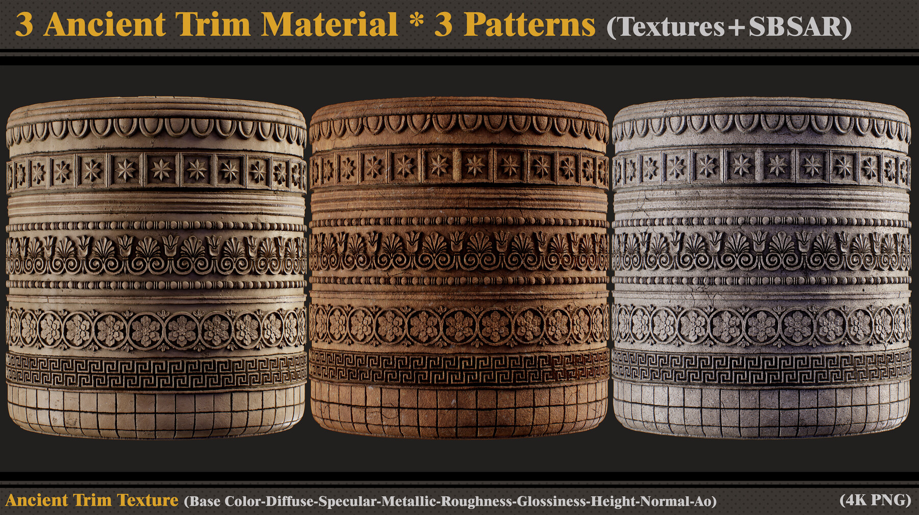 ArtStation - 3 Ancient Trim Materials and 3 Patterns (SBSAR+ PBR ...