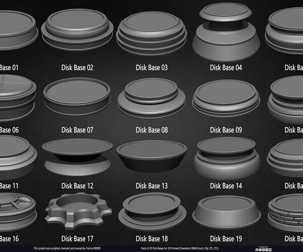 ArtStation - Pack of 20 Disk Bases (IMM Brush, Obj, STL, ZTL) Vol 01 | Brushes