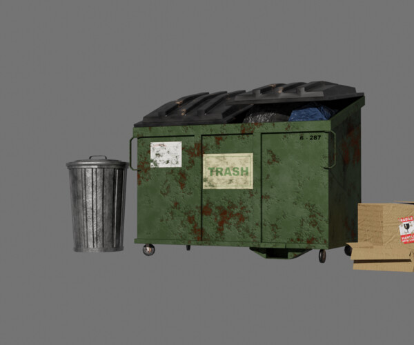 ArtStation - LOW POLY DUMPSTER WITH TRASH AND TRASHCAN | Game Assets