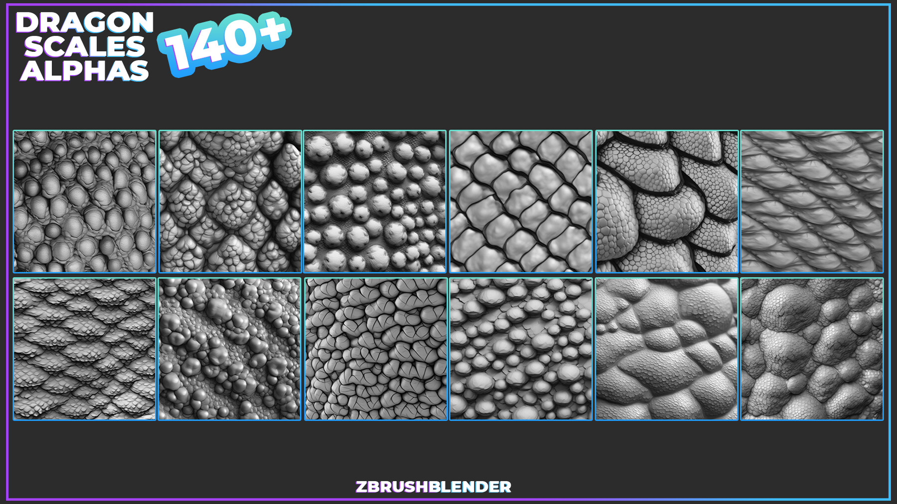 ArtStation - 140+ Dragon Scales Alphas for ZBrush (Displacement map) vol.4 | Brushes