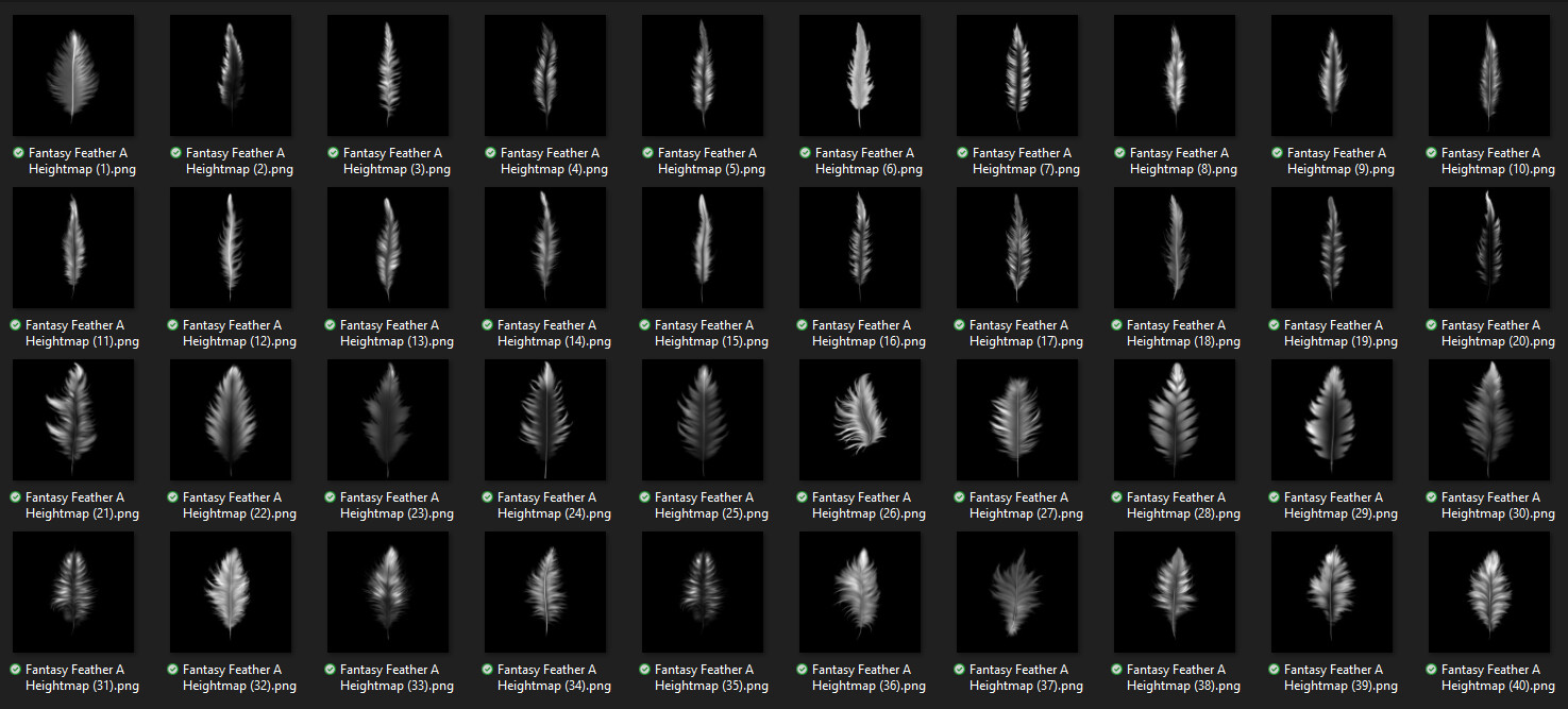 ArtStation - 40 Fantasy Feathers | Alphas, Displacement, Diffuse | Brushes