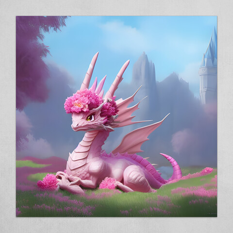 cute pink dragon in pile of pink flowers by parvaneh kiani