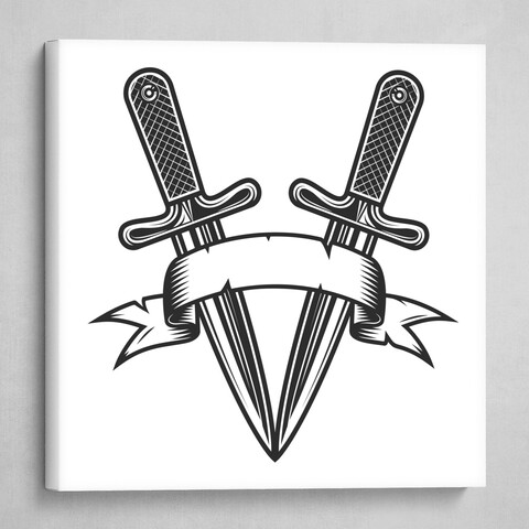 Vintage Crossed Knives with Ribbon Monochrome Style Illustration: A ...